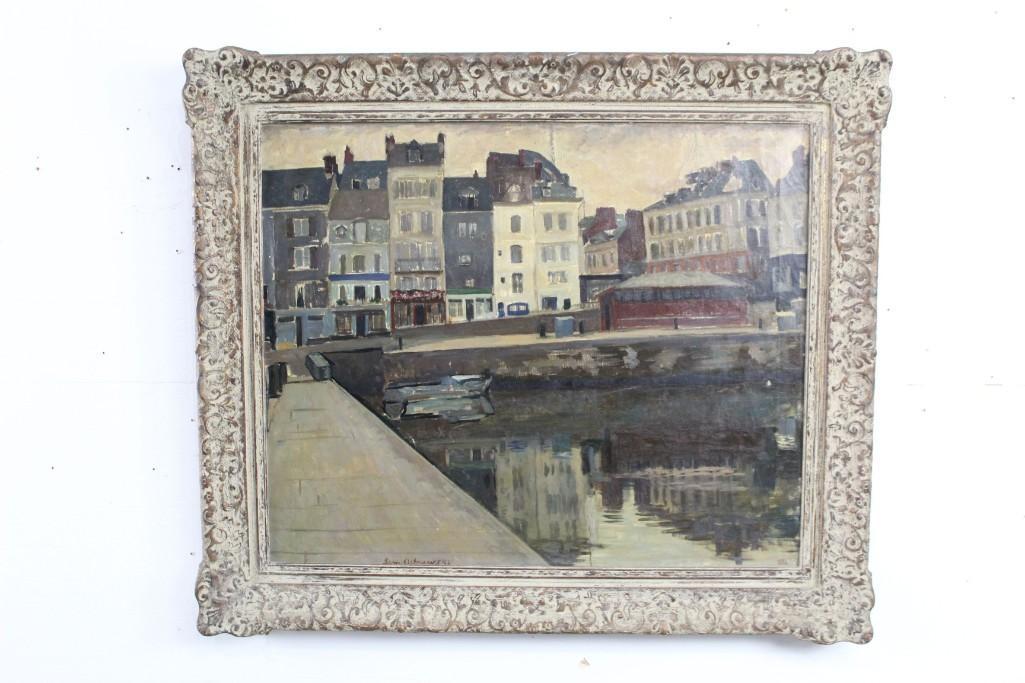 City Pier Waterfront Painting, Signed Sam Ostrowsky