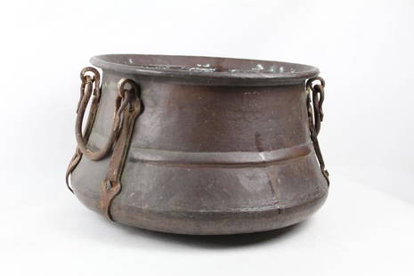 Large Copper Cauldron Wrought Iron Handle
