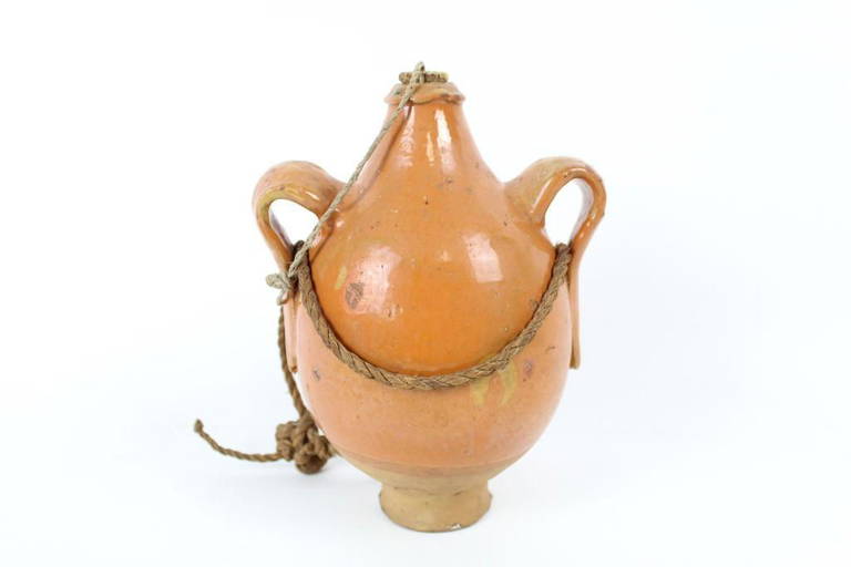 Antique Orange Pottery Handled Water Jug,primitive
