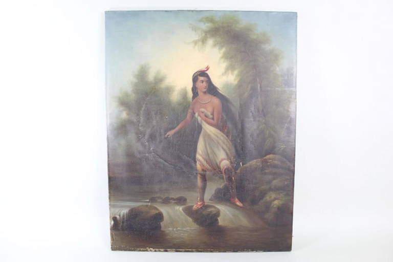 Antique Oil Painting Native American Woman,19th Century