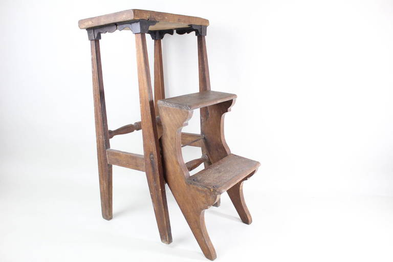 Antique Wooden Fold Out Step Stool W Cast Iron Hardware