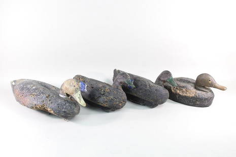 4 Aged Cork Mallard Duck Decoys W/ Painted Wooden Heads