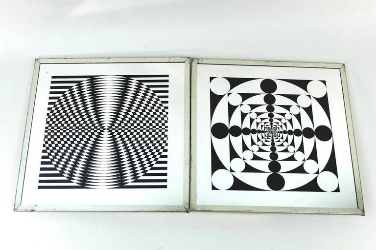 Pair Of Mid Century Modern Op Art Screen Print Mirrors