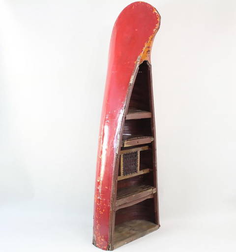 Red Painted Wooden Canoe Display Shelf Bookcase