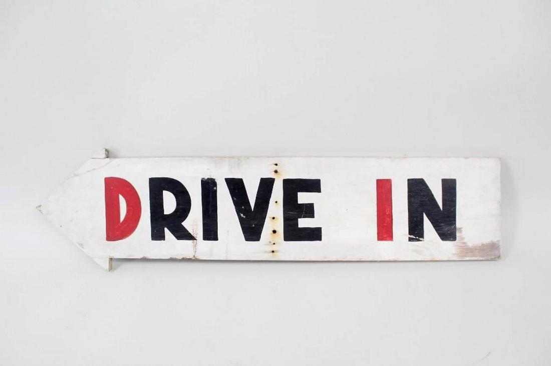 Wooden Painted Folk Art Arrow Shaped Drive In Sign