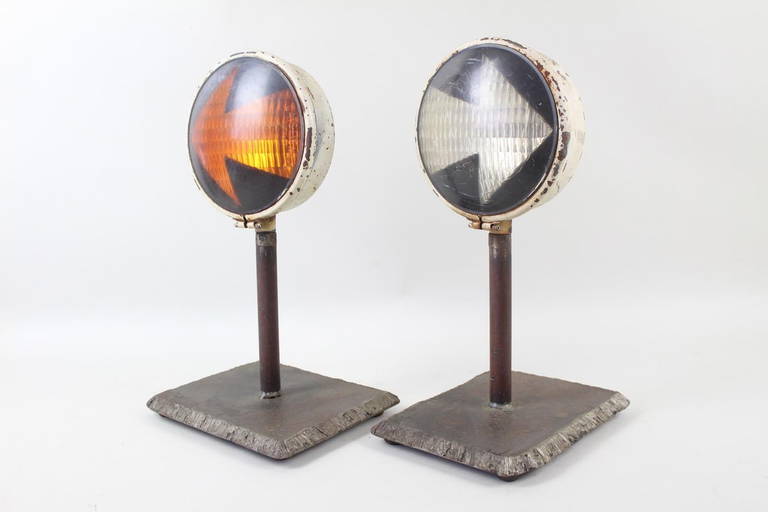 Pair Of Industrial Arrow Pointing Halogen Sculptures, Wayfinding Signs