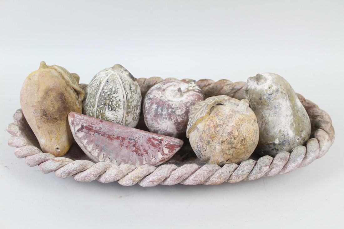 Plaster Fruit Sculptures In Long Basket Bowl, 7 Pieces Auction
