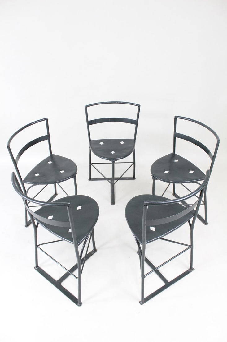 Set Of 5 Triangular Green Metal Outdoor Chairs, Art Deco Auction