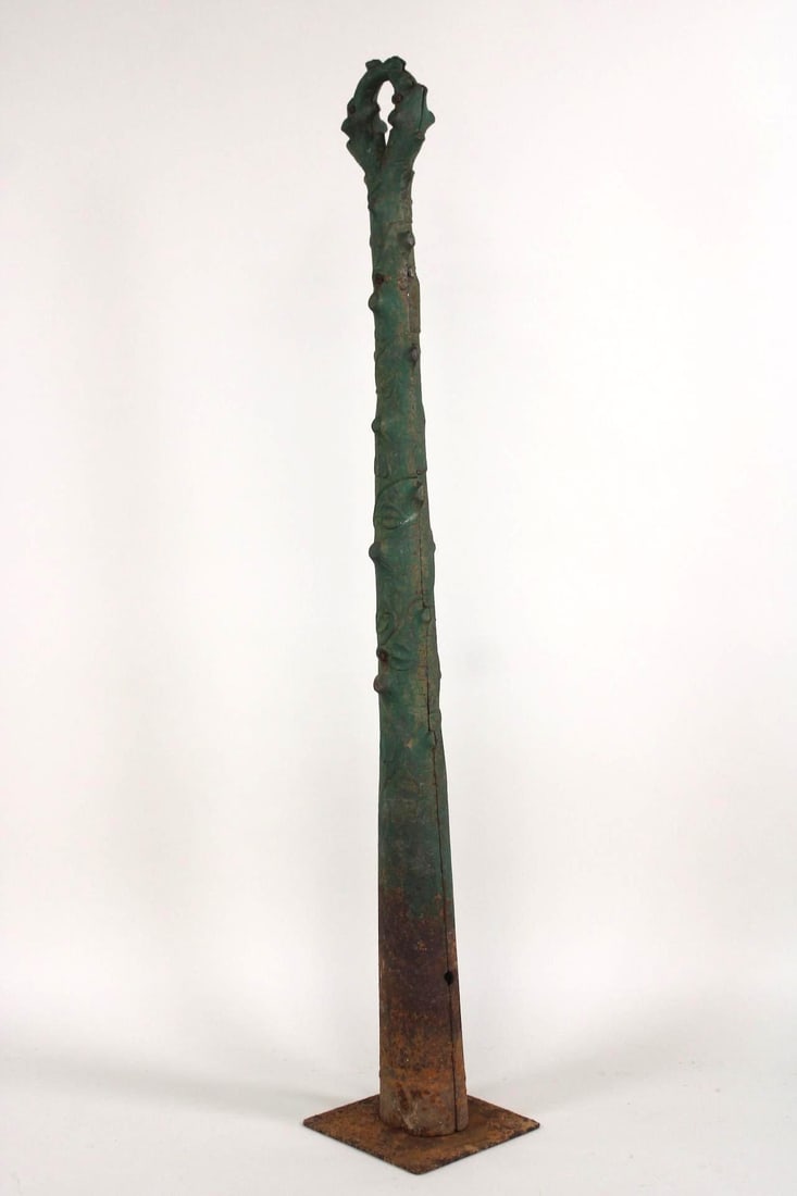 Cast Iron Figural Tree Hitching Post On Base, Green Faux Bois