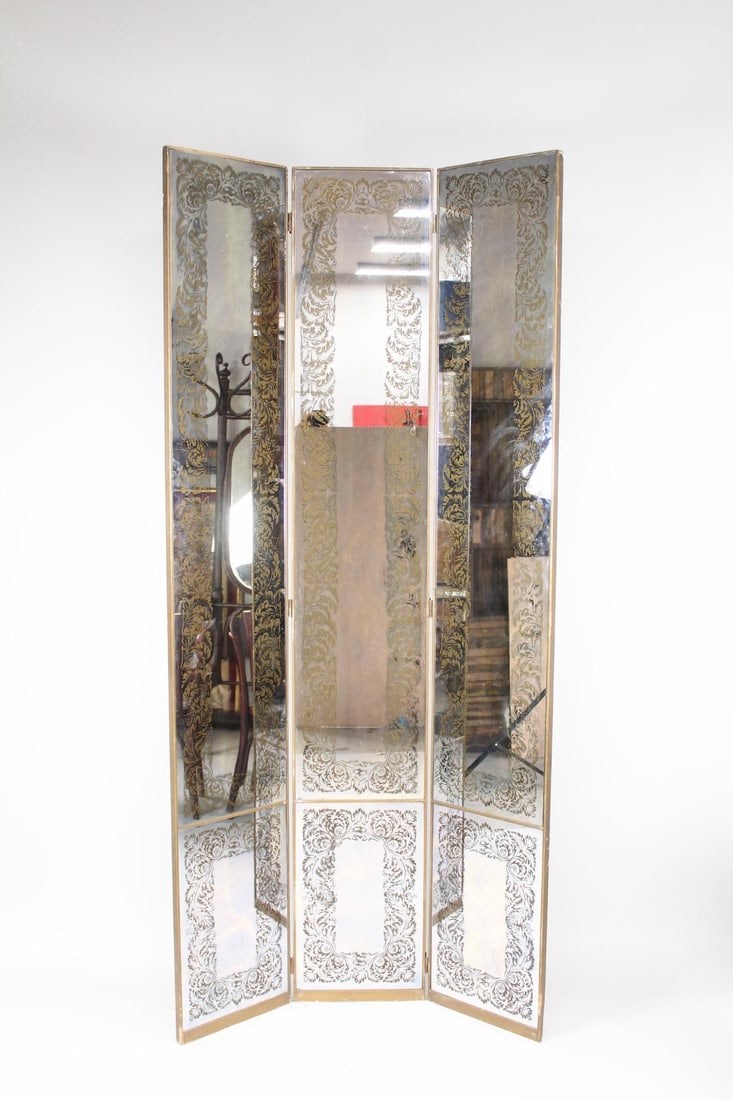 Tall Floor Standing Tri Fold Acid Etched Dressing Mirror, Hollywood Regency