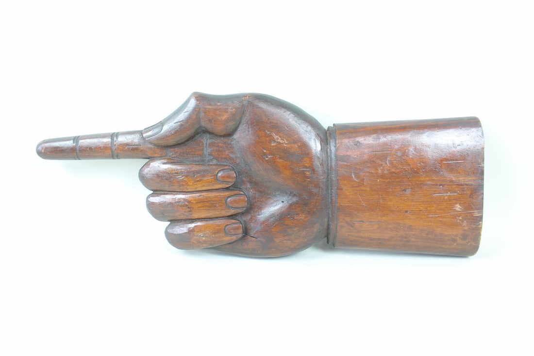 Folk Art Carved Wood Pointing Finger Trade Sign, Manicule Auction