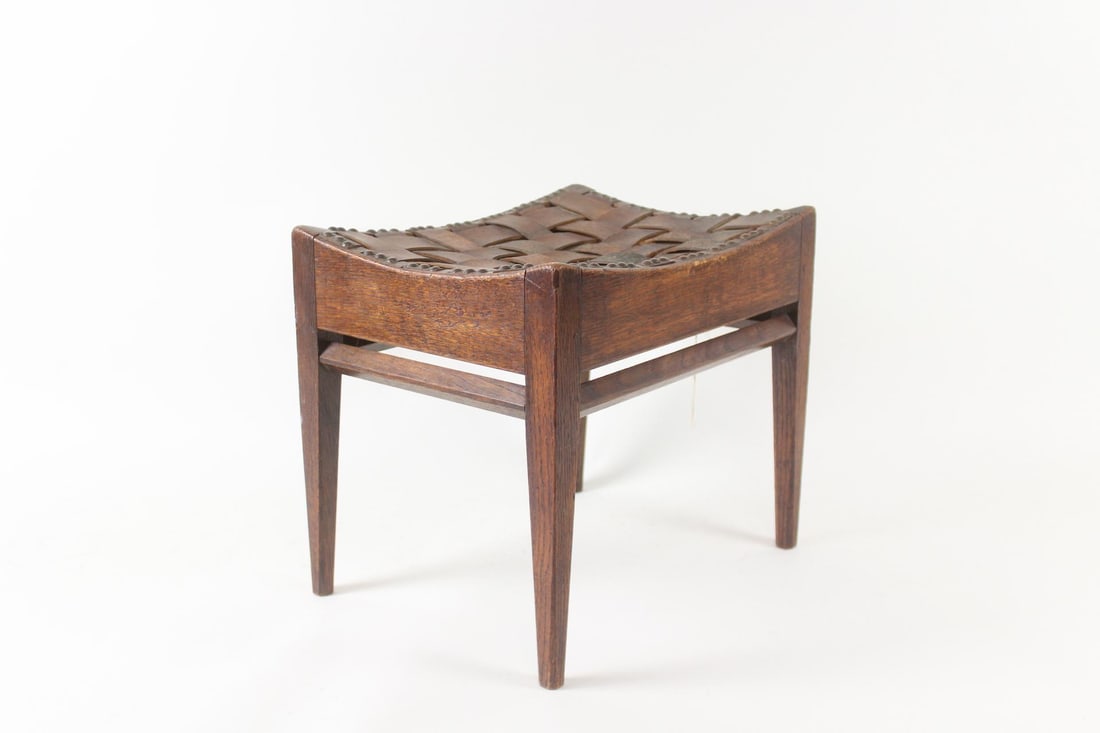Arthur W Simpson Arts & Crafts Oak & Leather Stool Auction