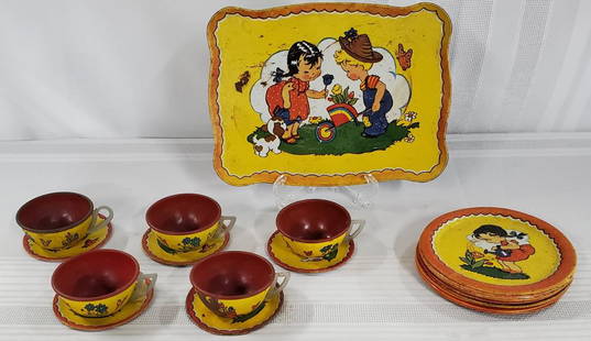 Vintage Ohio Art Tin Litho Toy Tea Set