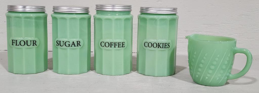 Jadeite Canister Set And Measuring Cup