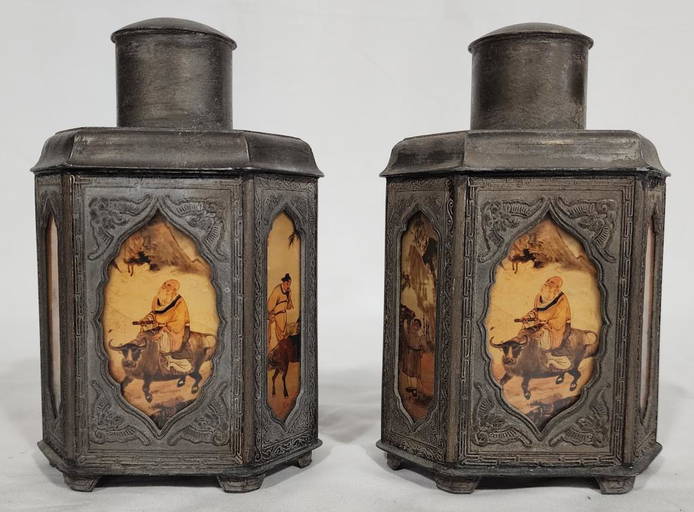 Pair Of Asian Pewter Tea Containers