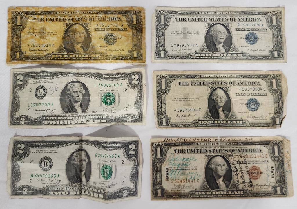 6 Pieces Of Vintage Collectible Us Paper Currency Auction