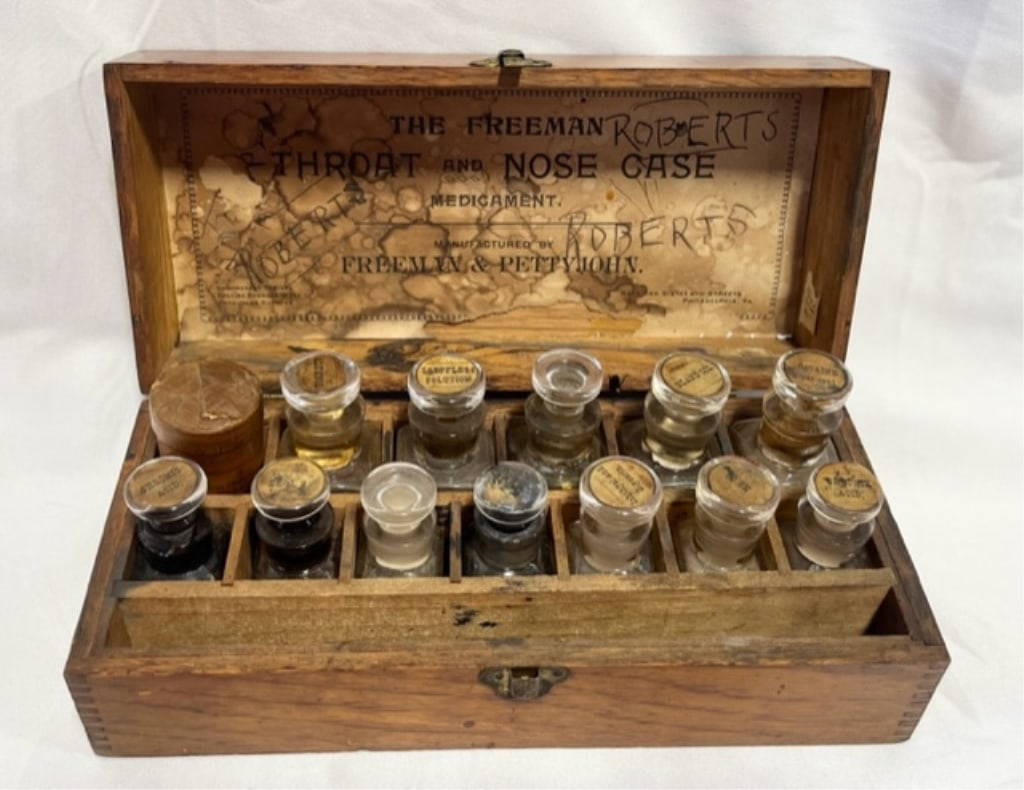 Vintage Medicine Box W/13 Glass Apothecary Bottles Auction