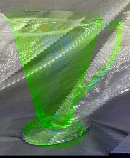 Green Depression Glass Etched Poinsetta Pitcher