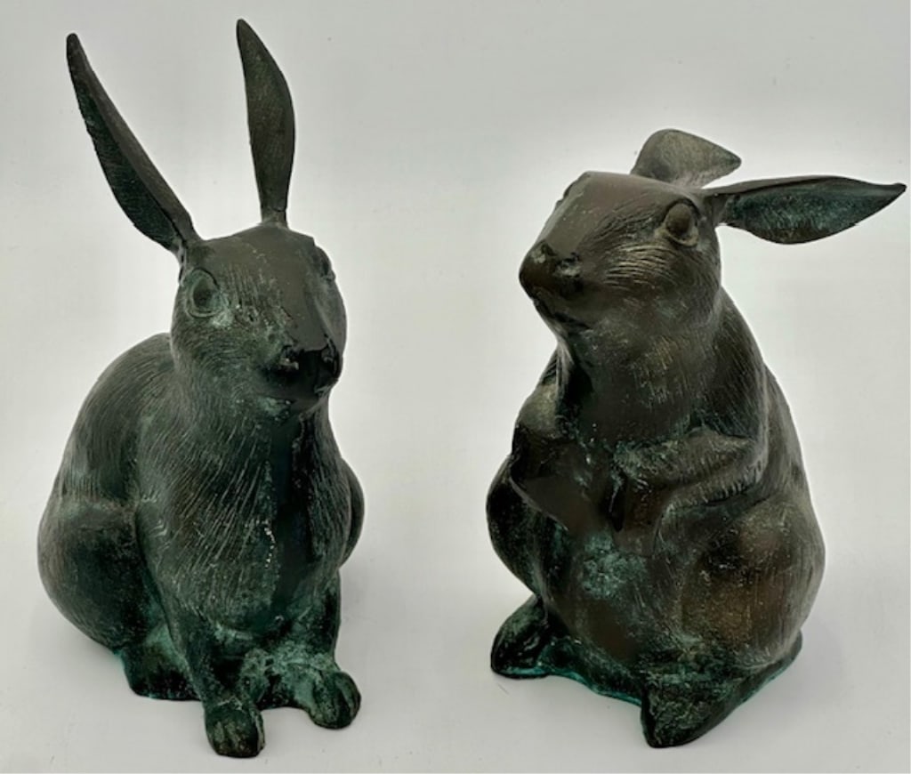 Pair Of Bronze Rabbits Concrete Molds With Bronze Overlay