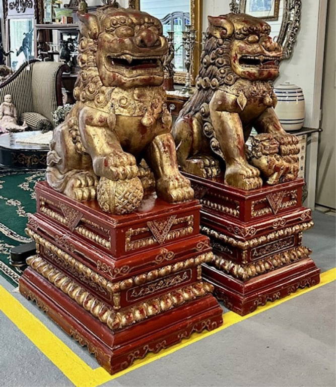 Pair Of 5' Hand Carved Foo Dogs On Pedestals Auction