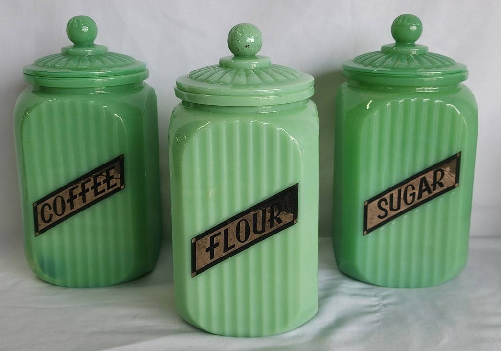 Set Of 3 Vintage Jadeite Lidded Glass Canisters Auction
