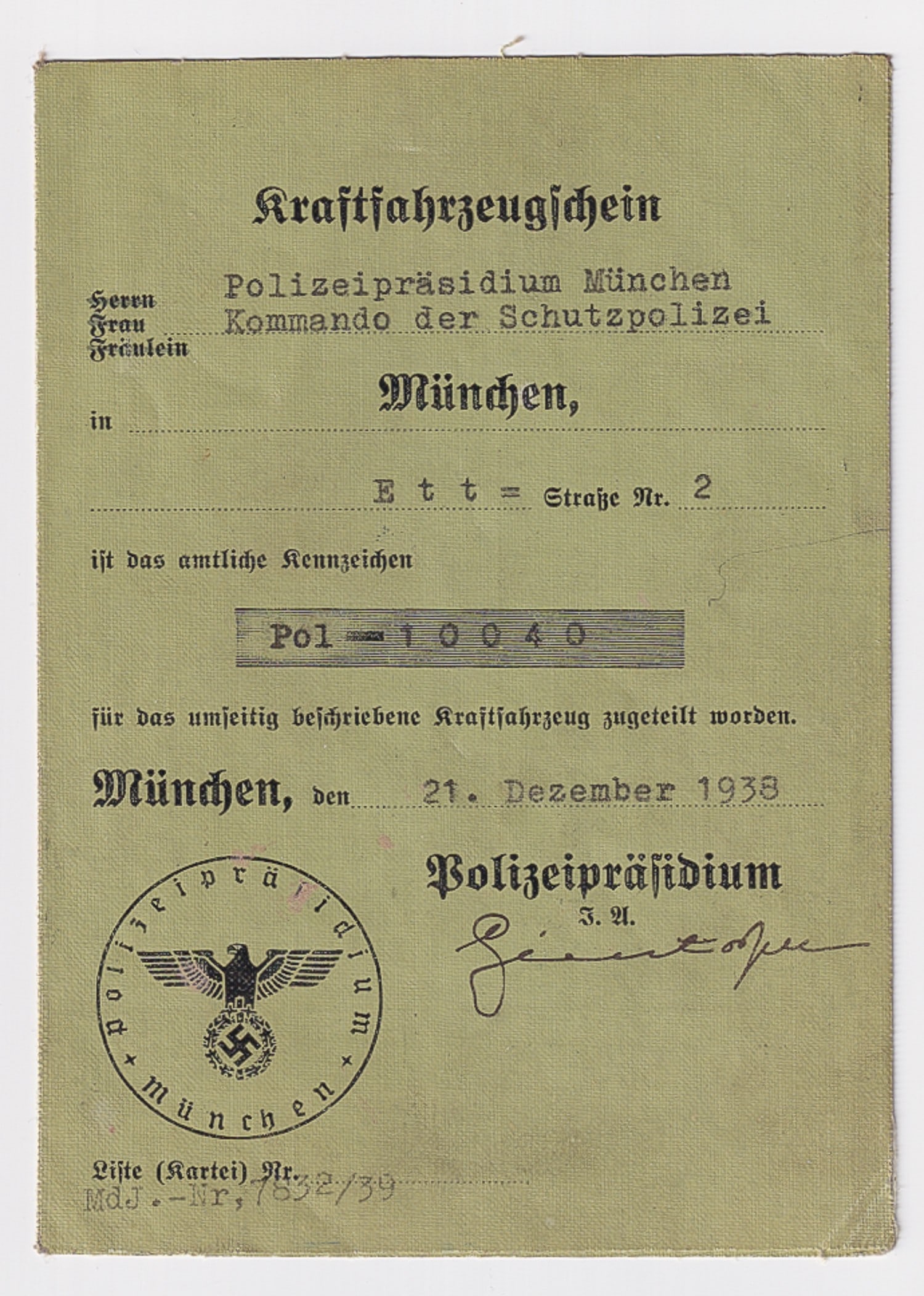 Nazi Schutzpolizei Police Car Registration Card Auction