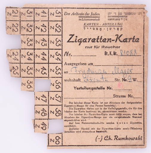 Litzmannstadt Ghetto Cigarette Ration Card