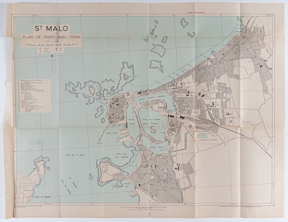 1943 British War Office Map Of Saint-malo France Auction