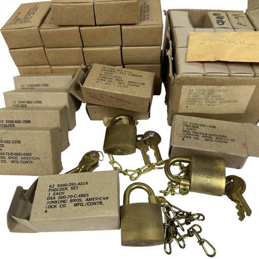 35 Nos Us Set Junkunc Bros. American Lock Co Brass Padlock W/ Chain Lot
