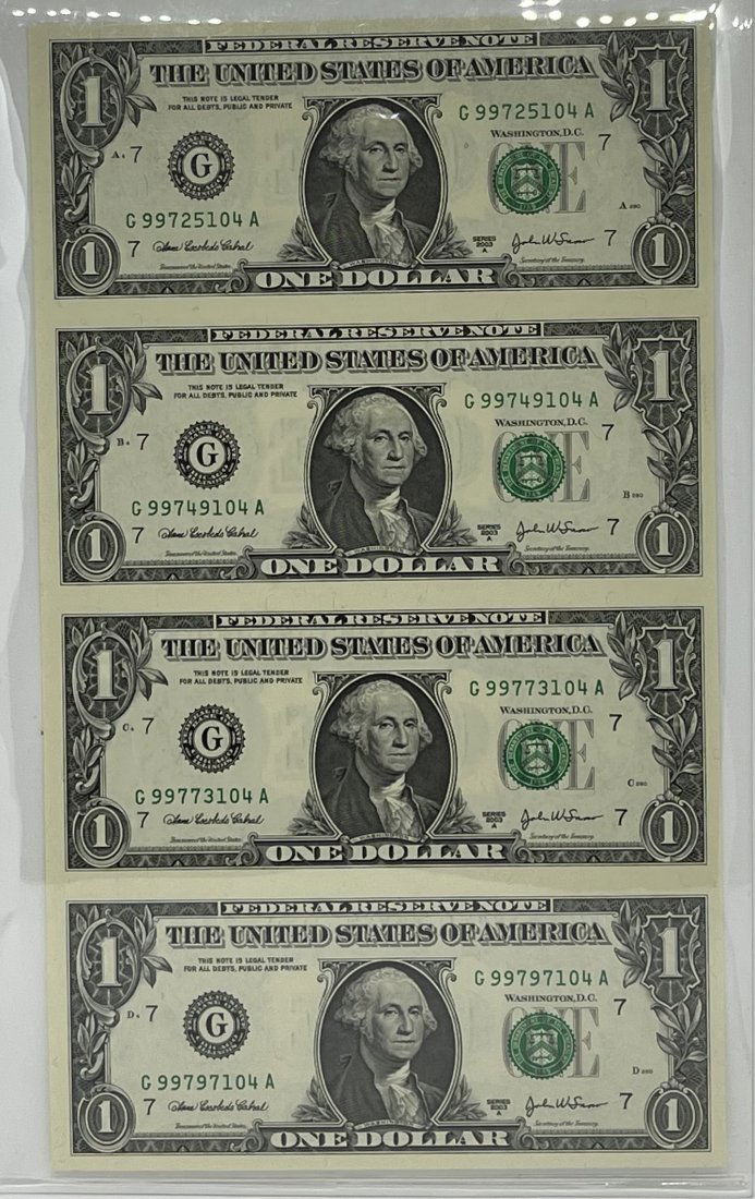 Uncut Sheet One Dollar Bills