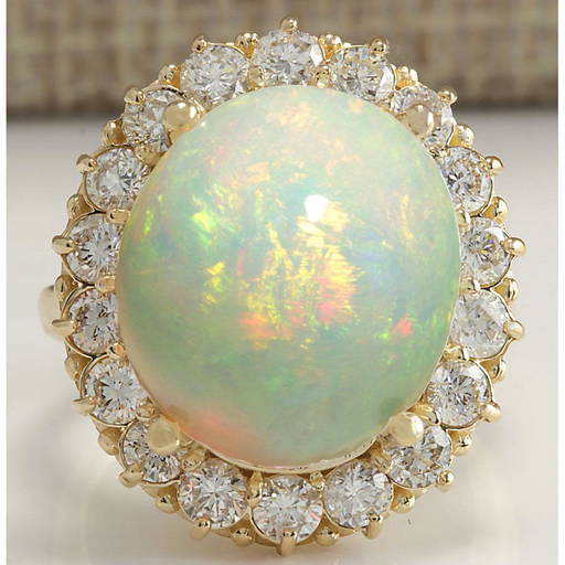 13.541 CTW Natural Opal And Diamond Ring In 18K Solid Yellow Gold ...