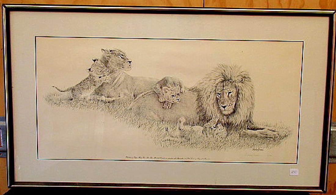 "LIONS" PRINT PENCIL SIGNED J SHARKEY THOMAS 14"X30"