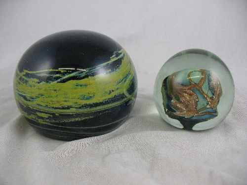 2 Artist Signed Art Glass Paperweights