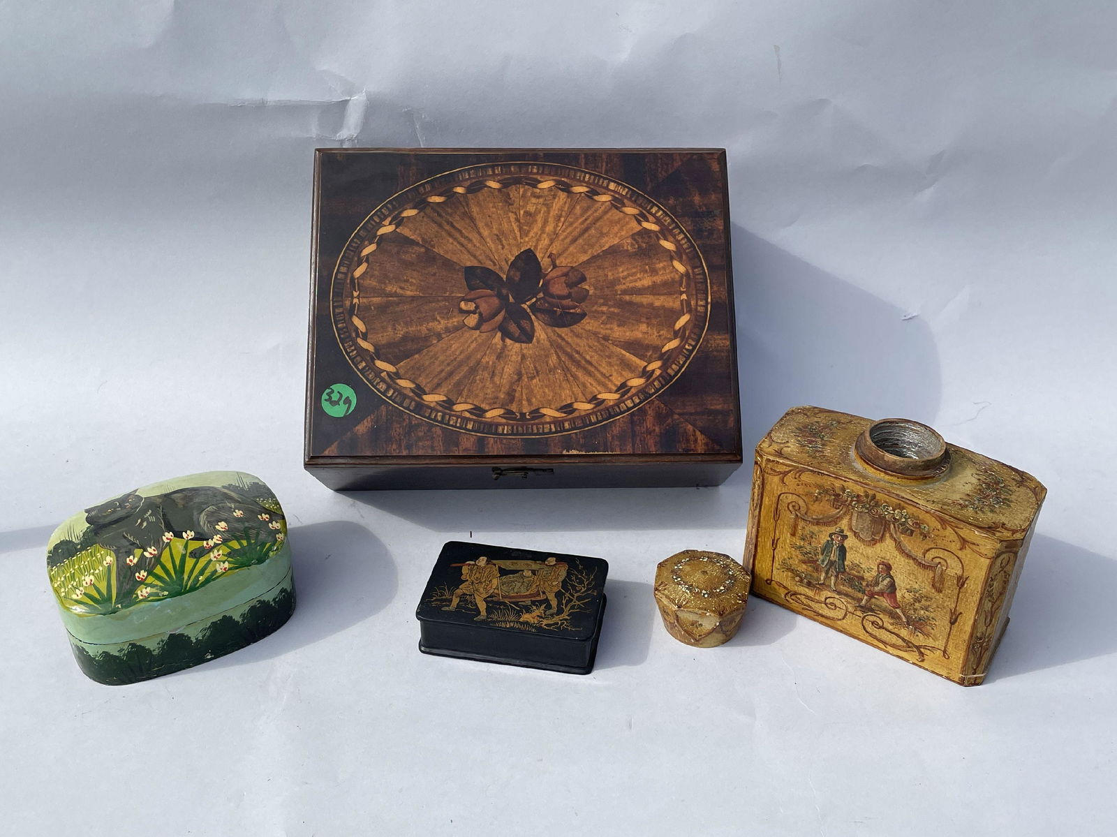 A Lacquered Tea Caddy, Chinese Snuff Box, An Inlaid Box, And A Kashmir Box
