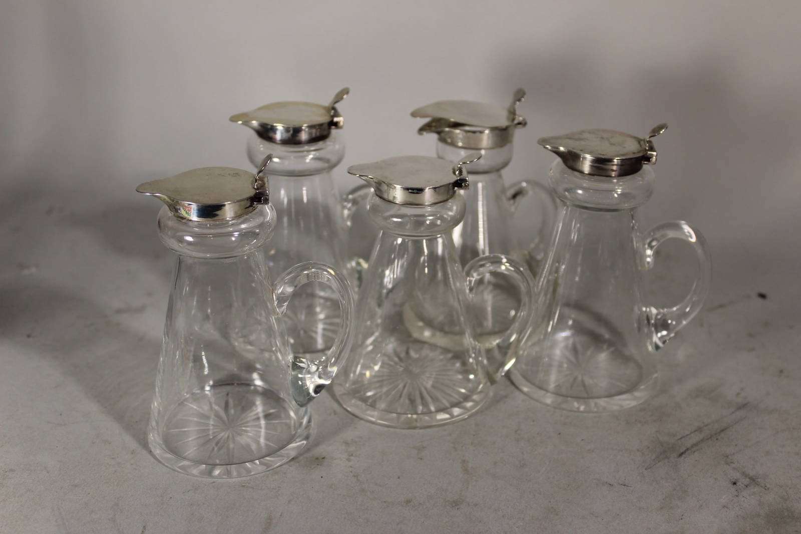 Lot: 5 Cut Glass And Sterling Silver English Syrup Jugs, 4" Tall, Very ...