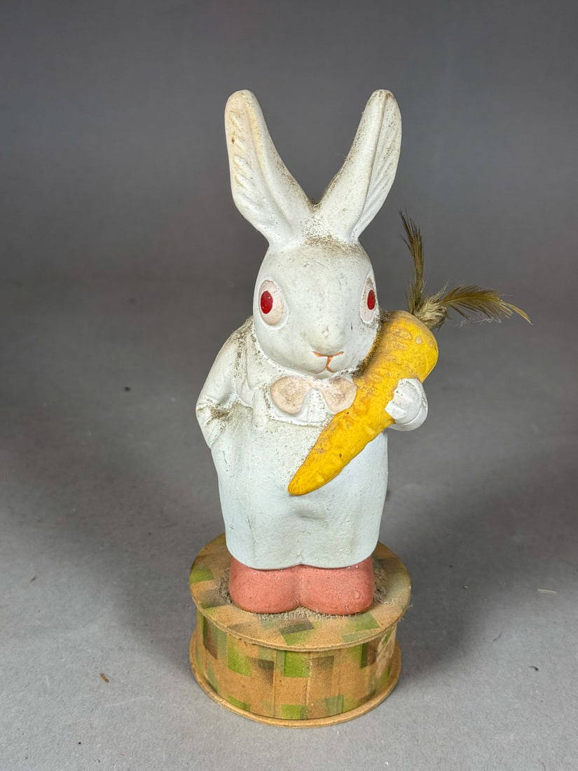 Antique German Paper Mache Rabbit W/ Carrot Candy Container, 7" Auction