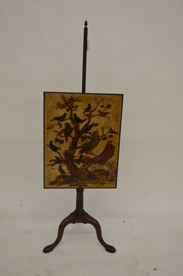 Antique Painted Fire Screen With Birds On Adjustable