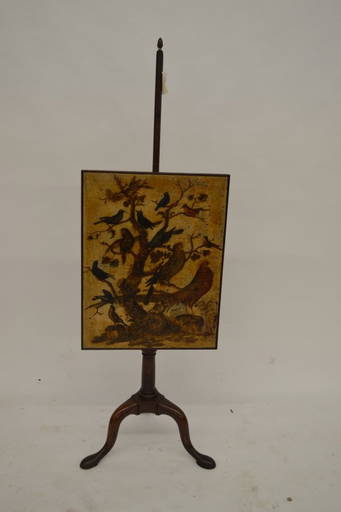 Antique Painted Fire Screen With Birds On Adjustable