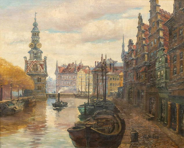 Alois Nitze (1873 1934) A Painting 'the Harbor' Oil On
