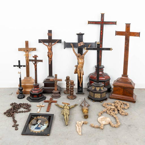 A Large Collection Of Crucifixes And Religious Items. (w:31 X H:90 Cm)