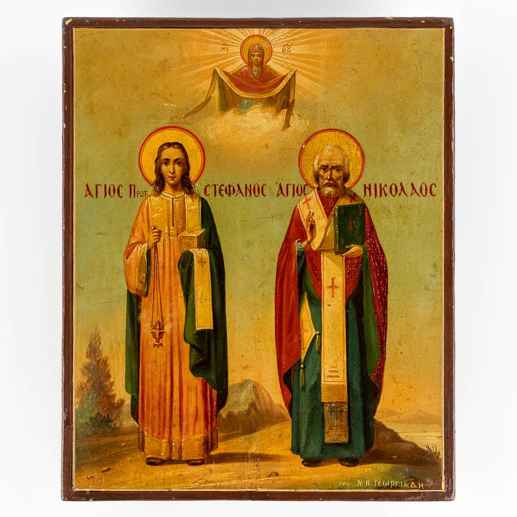 An Antique Icon 'saint Stephanus And Saint Nicholas'. (w:29 X H:36 Cm)