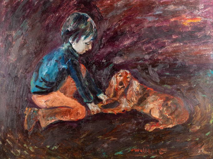 Martin Wallaert (1944) 'child With A Cocker' Oil On Canvas. (w:86 X H ...