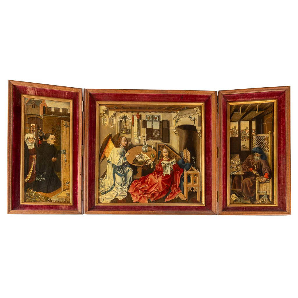 After Robert Campin, 'the Mã©rode Altarpiece', A Triptych, Oil On Panel. 16th/17th C. (w:154 X H ...