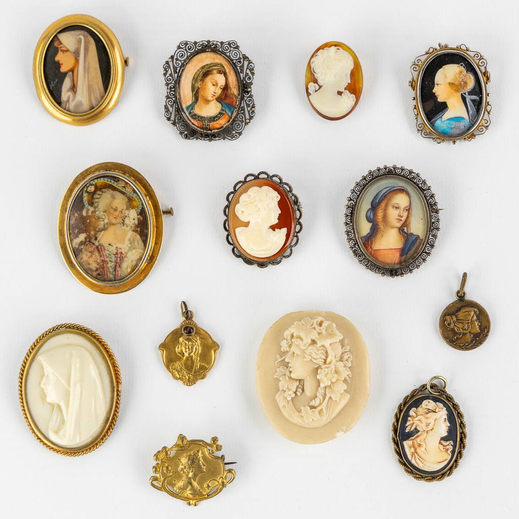 A Collection Of Cameo, Brooches With Miniature Paintings And A Small ...