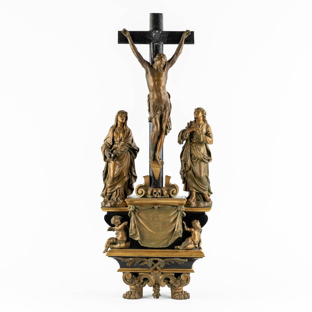 A Large Crucifix With A 3-piece Golgotha, Veil Of Veronica, Patinated White Clay. Circa 1900. (l ...
