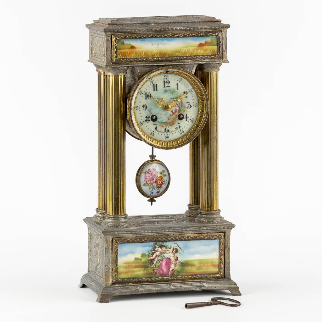 A Mantle Column Clock, Spelter Embellished With Porcelain Plaques ...