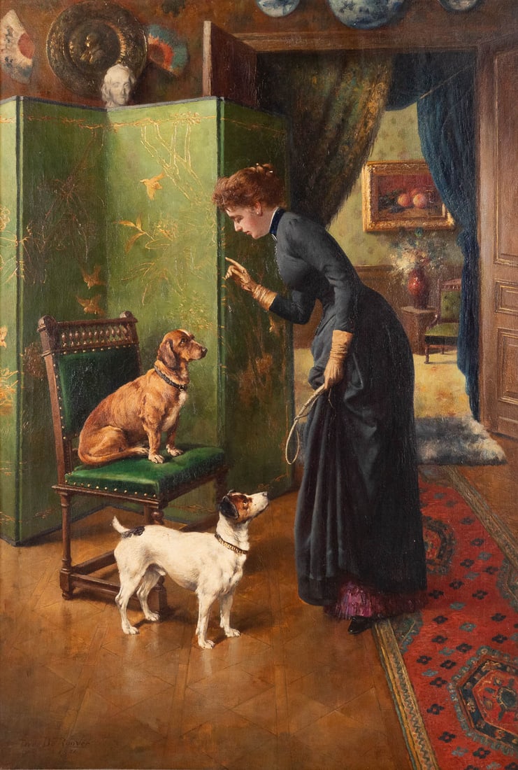 Ferdinand De Roover (xix-xx) 'lady With Two Dogs' 1901. (w:66 X H:98 Cm ...