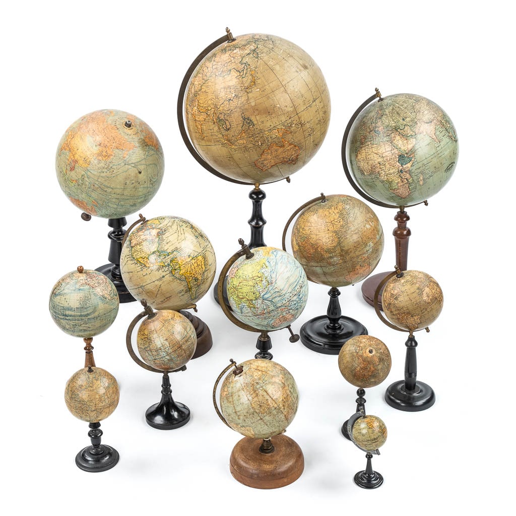 Thirteen Antique Globes On A Wood Base. Circa 1900 And Later. (h:64 X D ...