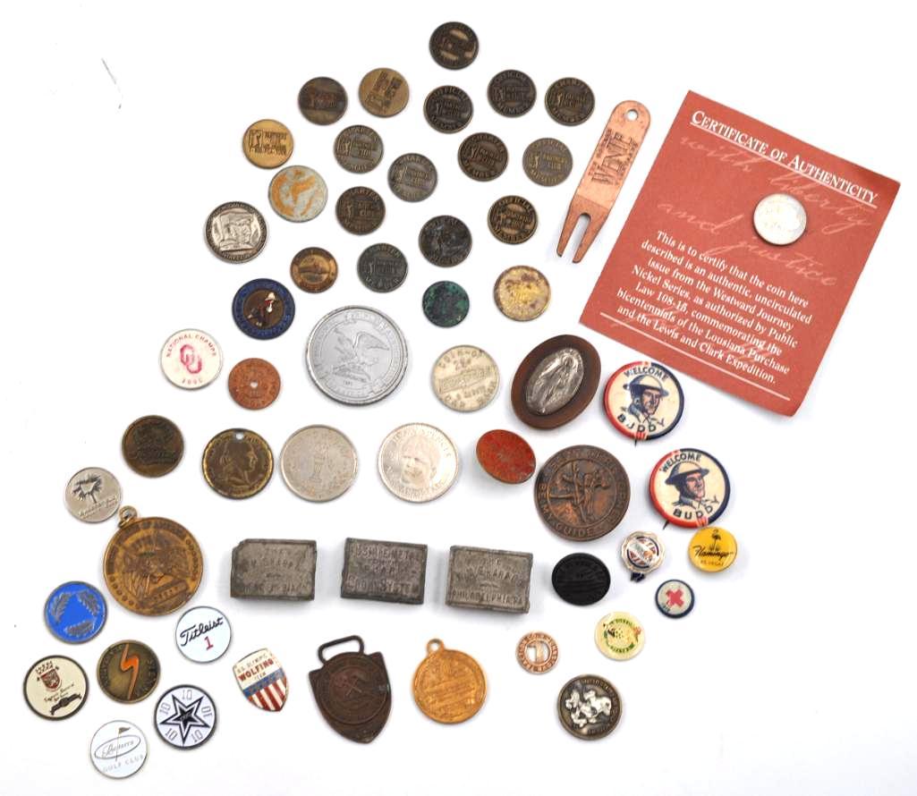 Assorted Coins, Buttons, Tokens, Fobs And Others