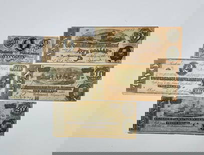 5 Confederate States Notes; $2, $5, $10, $20, $50 Auction